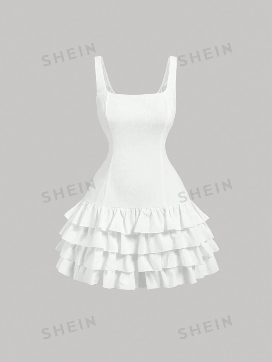 SHEIN MOD White Layered Cake Dress Cute Square Neck Summer Dress ...
