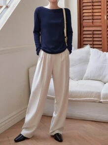 Dazy-Less Solid Color Boat Neck Long Sleeve T-Shirt Old Money Style | SHEIN USA