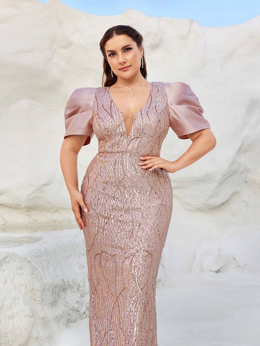 SHEIN Belle Plus Size Champagne Gold Luxury Beaded High-Slit Formal ...