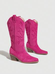 Women's Red Suede Pointed Toe Western Boots With Chunky Heel ...