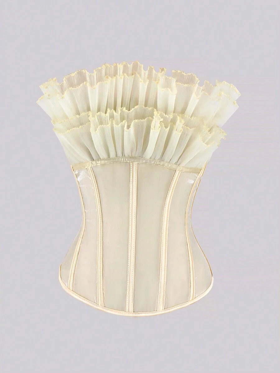 Flirla Pleated And Crinkled Mesh Splice Fishbone Tube Top With Ruffled ...