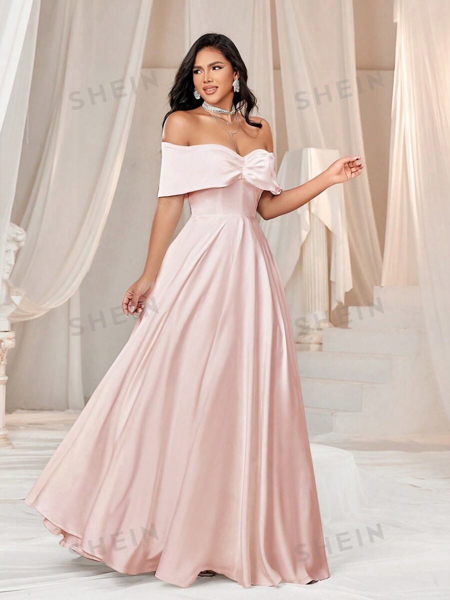 SHEIN Belle Robe de mariée élégante et romantique en satin avec épaules dénudées et volants ...