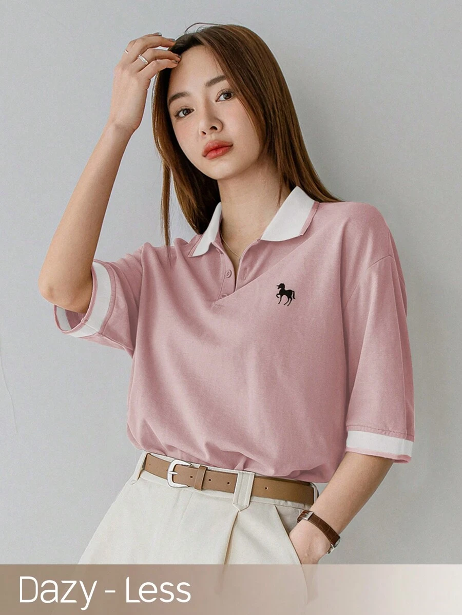Dazy-Less Women's Summer Color-Blocking Unicorn Embroidery Polo Collar T-Shirt | SHEIN USA