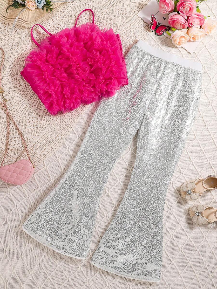 Tween Girl Elegant Party Flower Top & Sparkly Bell-Bottoms Two-Piece ...