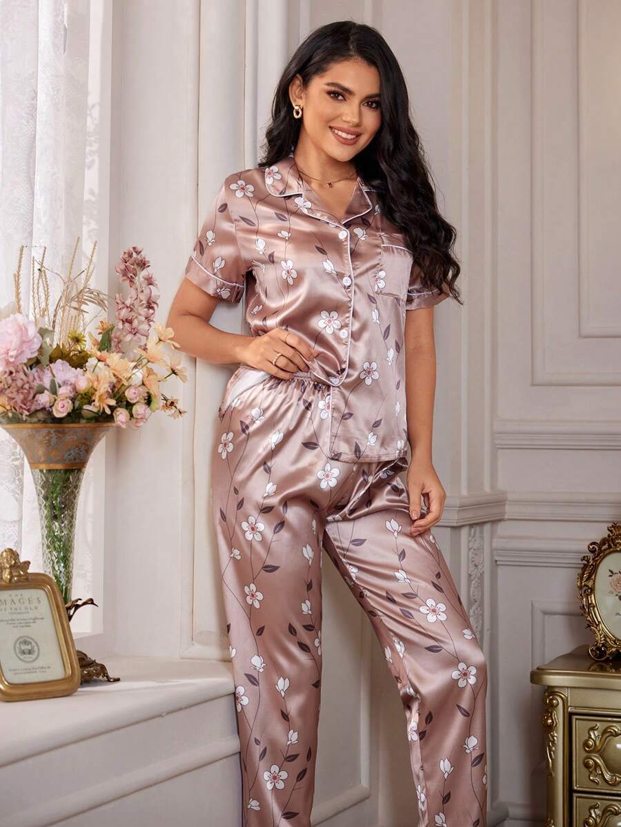 Shein LuxeNights Floral Print Contrast Piping PJ Set / Pajama Set ...