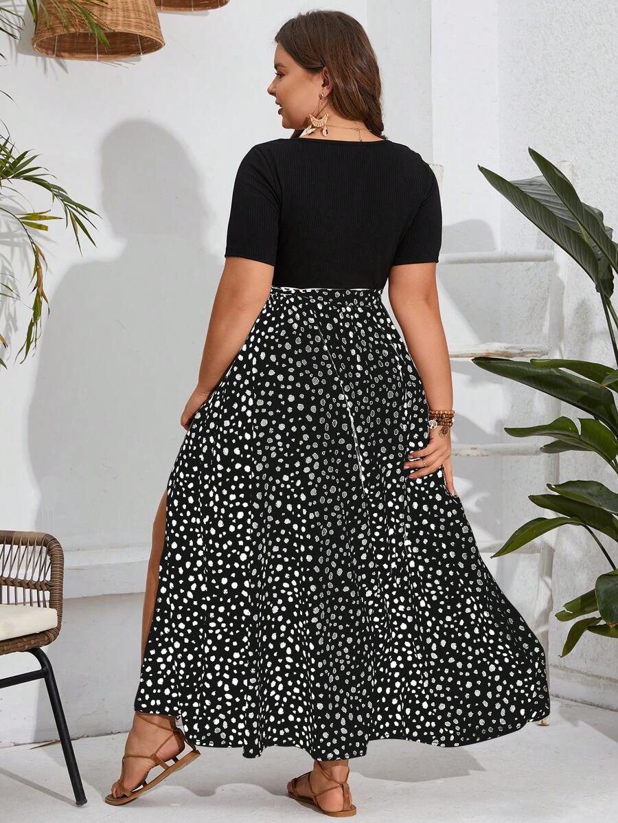 SHEIN Frenchy Plus Size Polka Dot Printed Colorblock High Side Slit ...