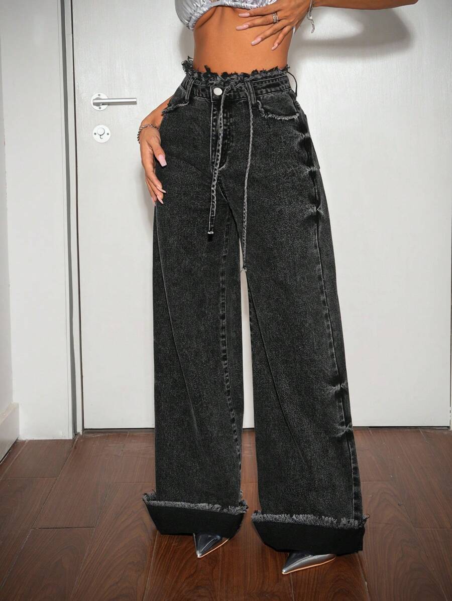 SHEIN ICON Women's Loose 90s Wide Leg Jeans With Frayed Edges, Dark ...