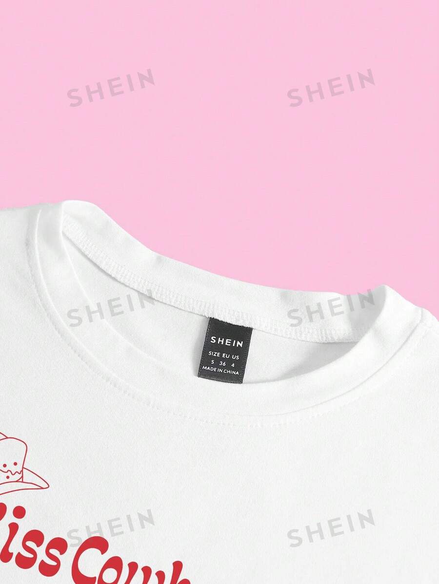SHEIN EZwear Women's Summer Y2K Pink Slogan Cowboy Western Style Crop Top T-Shirt Kiss Cowboys ...