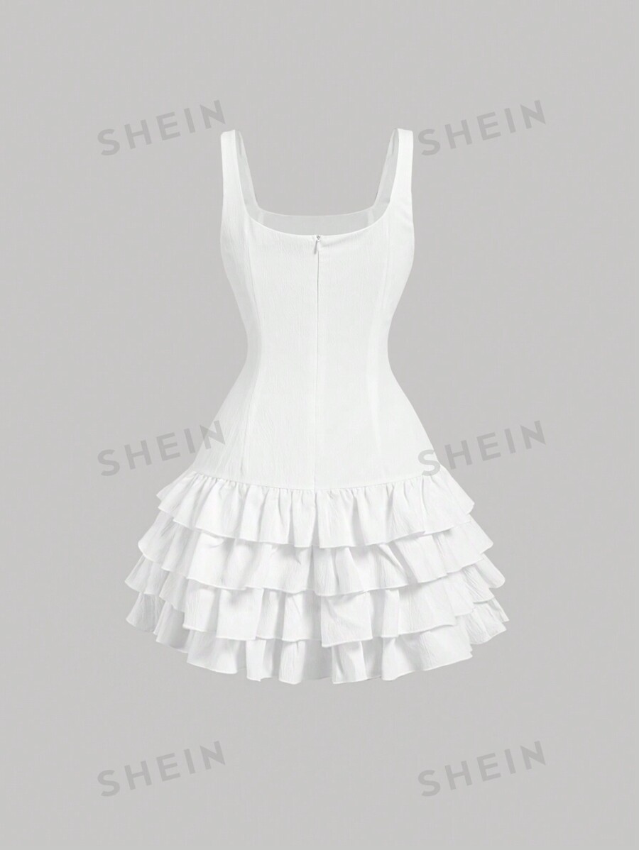 SHEIN MOD White Layered Cake Dress Cute Square Neck Summer Dress ...