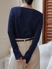 Dazy-Less Solid Color Boat Neck Long Sleeve T-Shirt Old Money Style | SHEIN USA