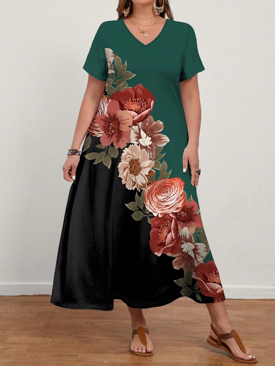 EMERY ROSE Women Plus Size Rose Flower Printed Short Sleeve Long Dress | SHEIN USA