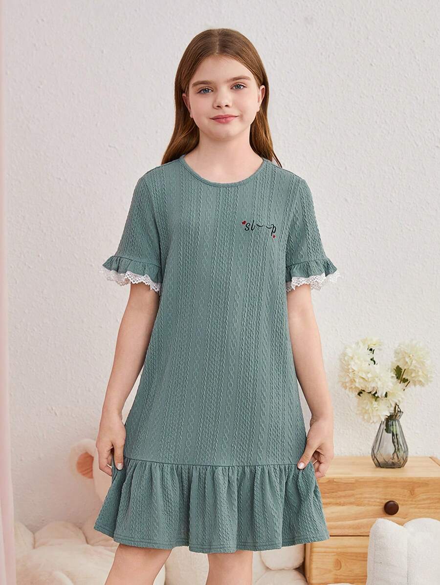 SHEIN Tween Girl Summer Knit Jacquard Sleepwear With Cute Lace Trimmed ...