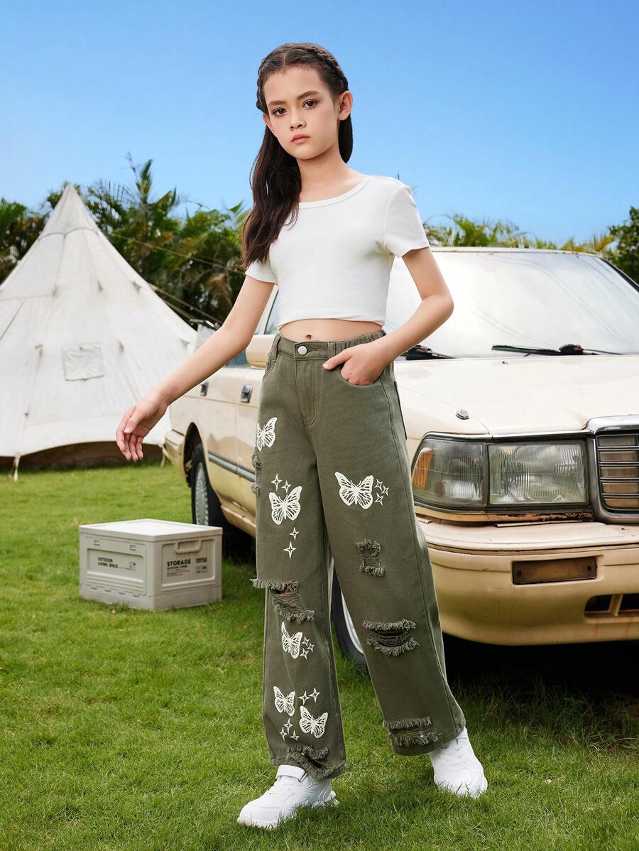 TWEEN GIRL Y2K Sweet Cool Cute Butterfly Printed Ripped Elastic Waist ...