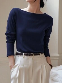 Dazy-Less Solid Color Boat Neck Long Sleeve T-Shirt Old Money Style | SHEIN USA