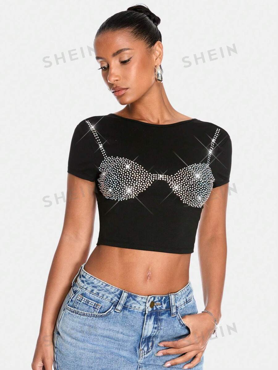 SHEIN BAE Solid Color Short Backless Top With Exquisite Rhinestone ...