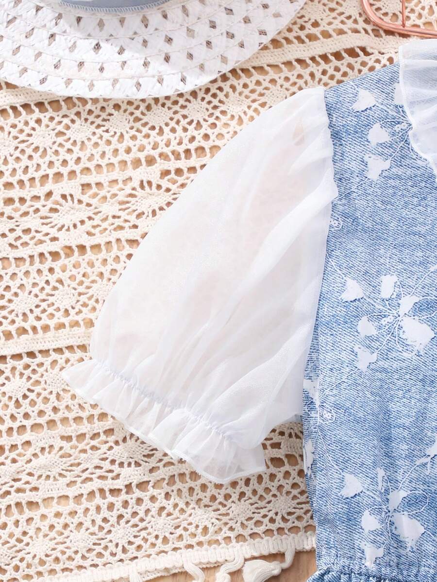 Tween Girl Summer Contrast Mesh Ruffle Edge Short Puff Sleeve Cute ...