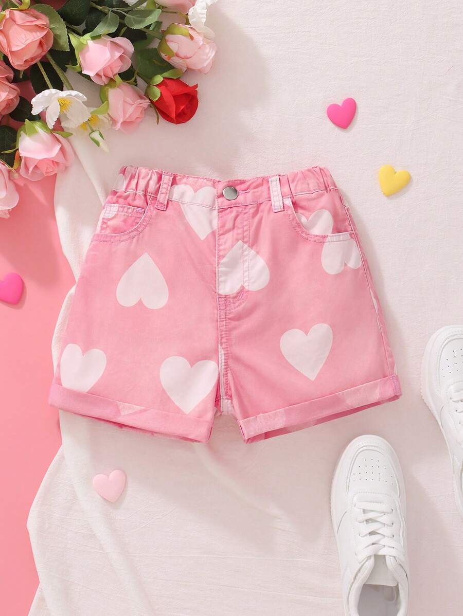 SHEIN Tween Girl Dopamine Pink Heart Rolled Edge Wide Leg Denim Shorts ...