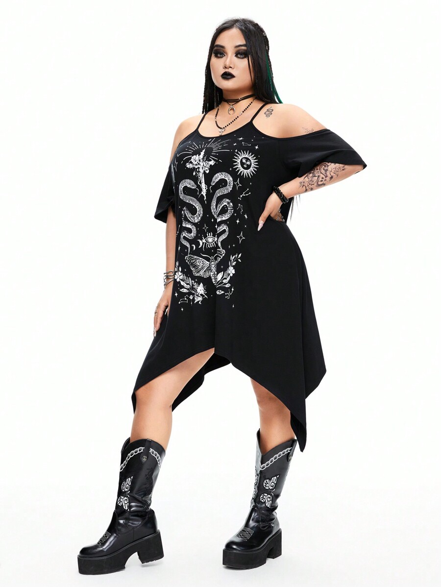 ROMWE Goth Plus Size Gothic Snake Moth Floral Moon Star Cross Open ...