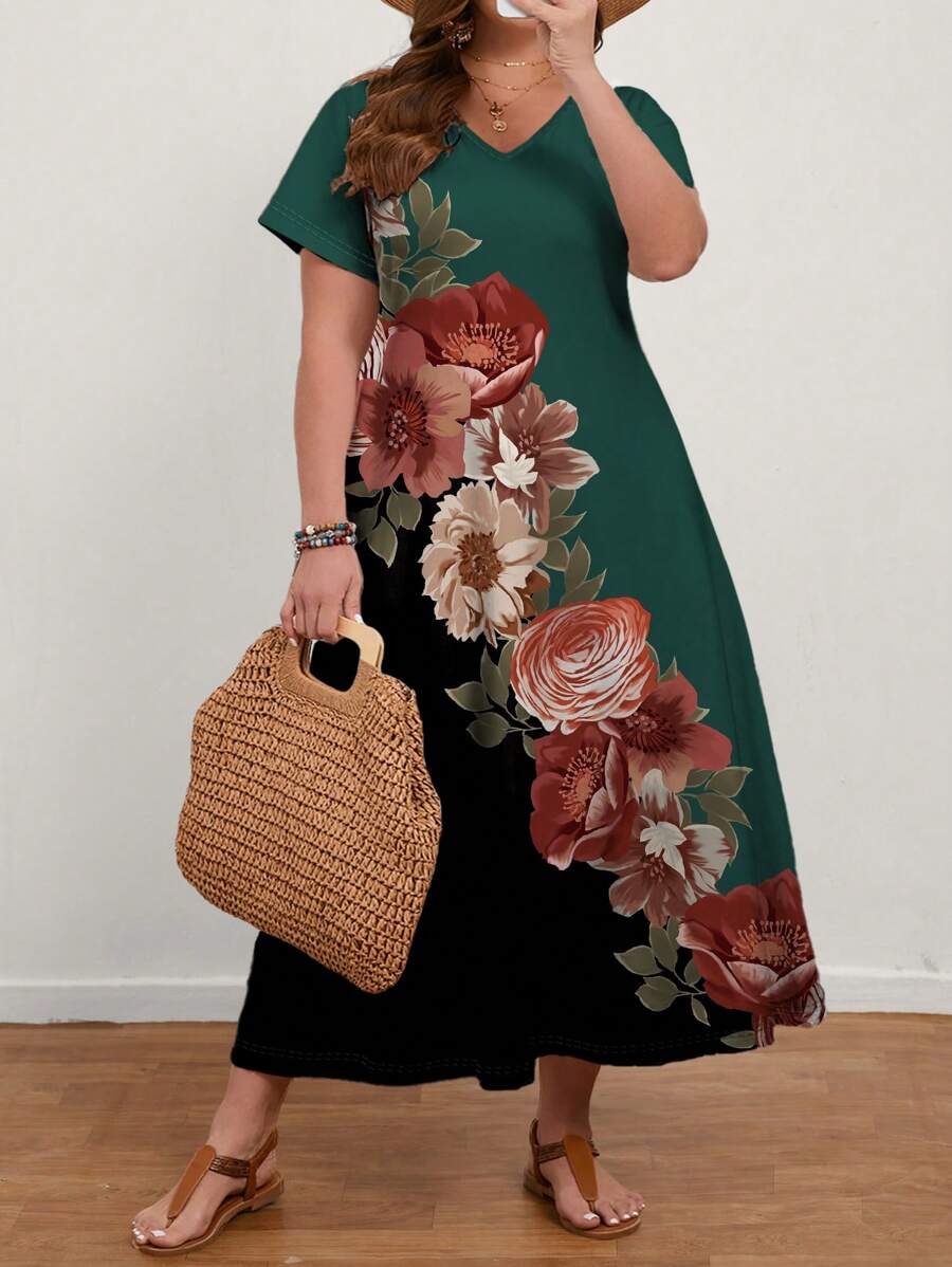 EMERY ROSE Vestido Longo de Manga Curta com Estampa de Flor de Rosa para Mulheres Plus Size ...