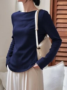 Dazy-Less Solid Color Boat Neck Long Sleeve T-Shirt Old Money Style | SHEIN USA