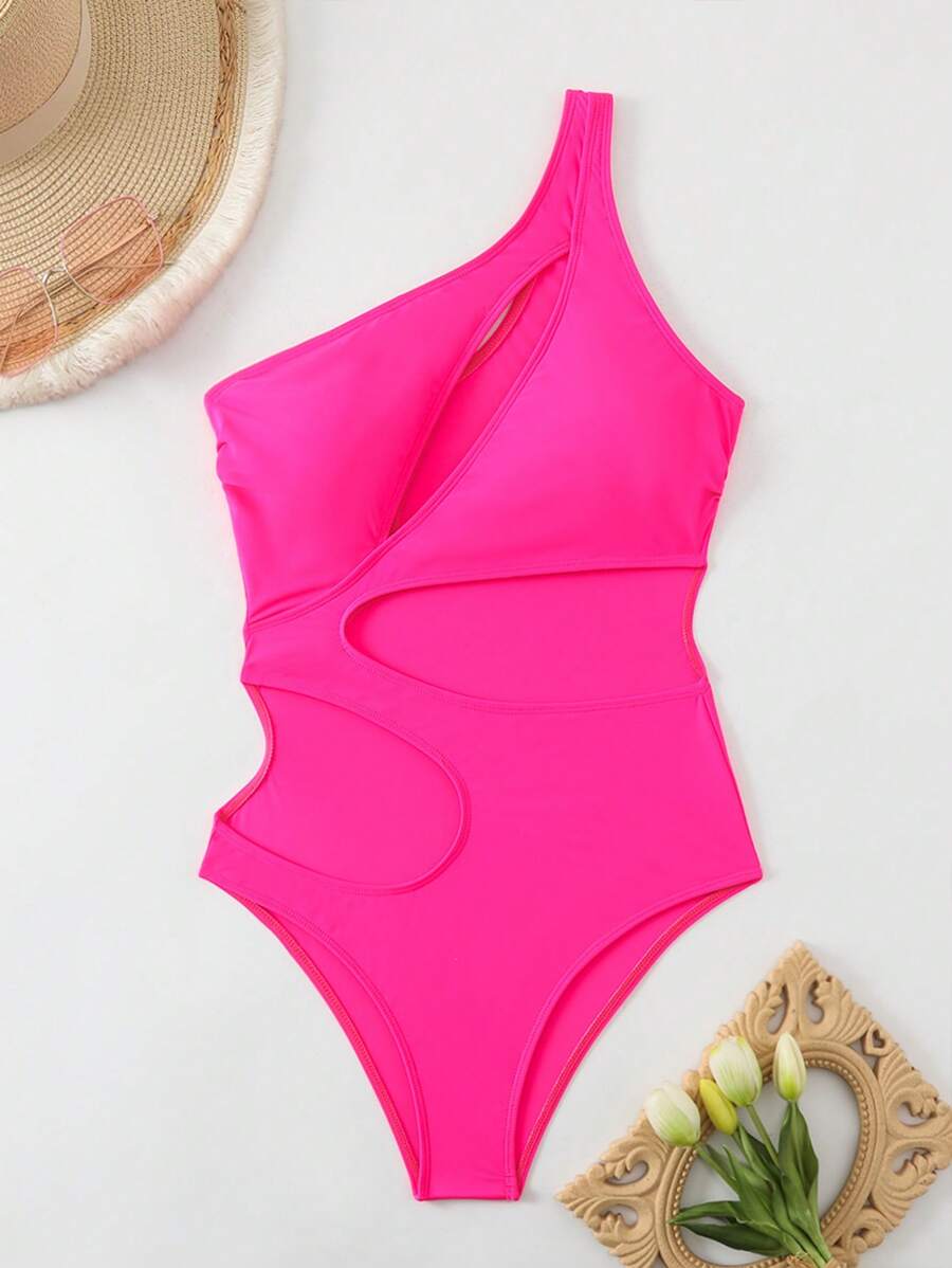 Shein Swim Sxy Summer Beach Solid Color Hollow Out Asymmetric Neckline
