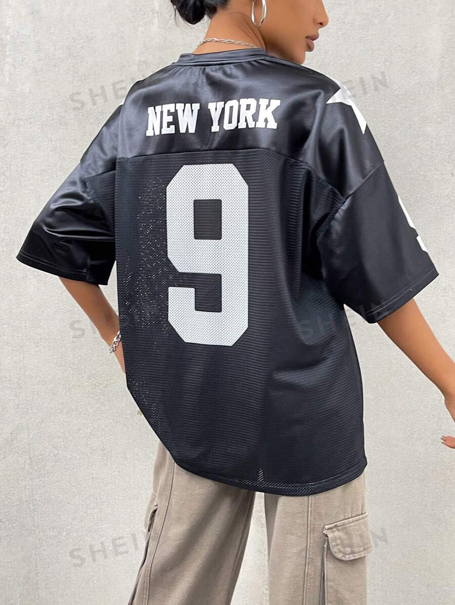 SHEIN EZwear Street Racing Satin Letter Star Print Oversized Boyfriend ...