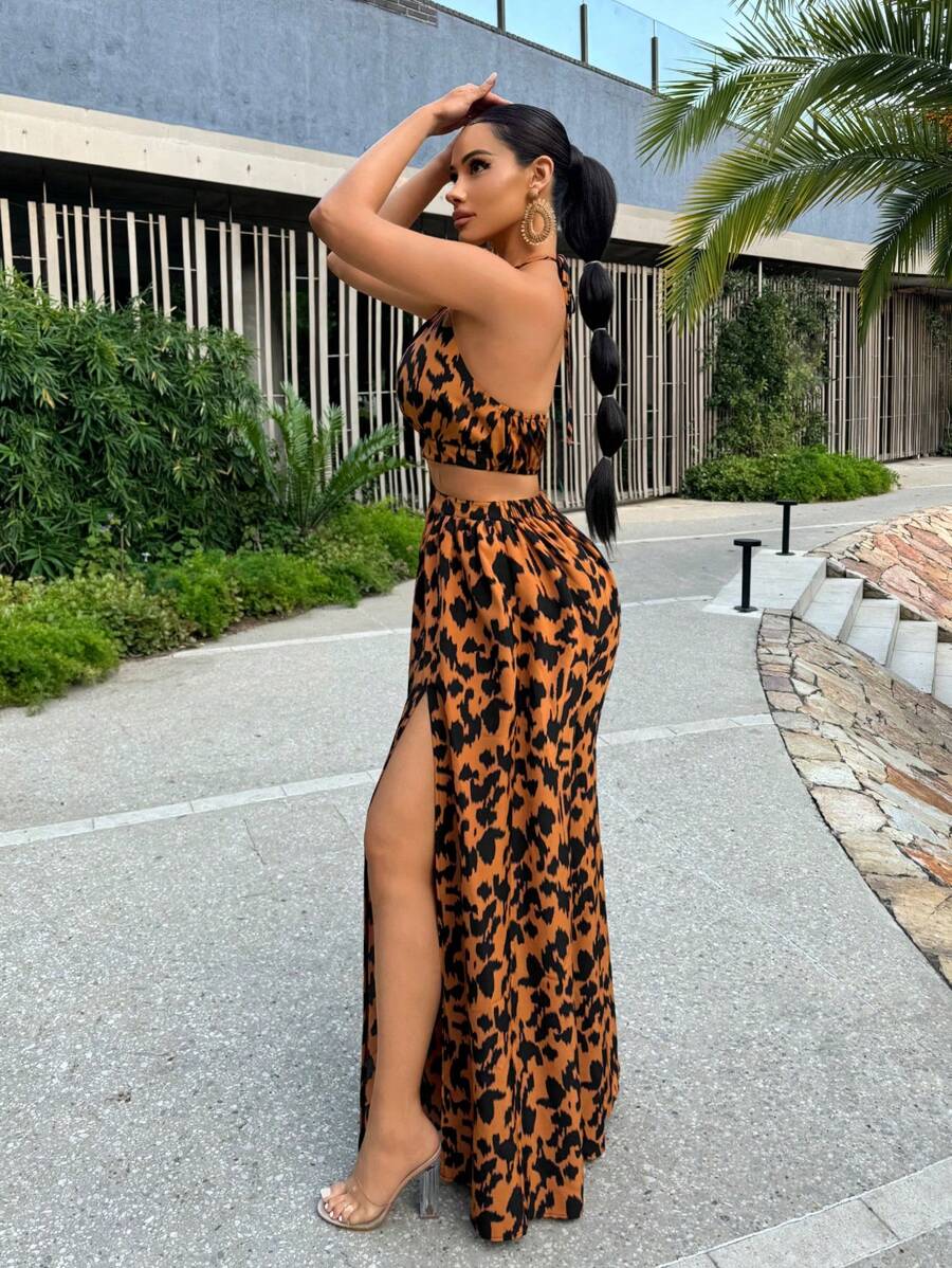 SHEIN SXY Women's Summer Full Allover Print Halter Neck Dress With Side ...