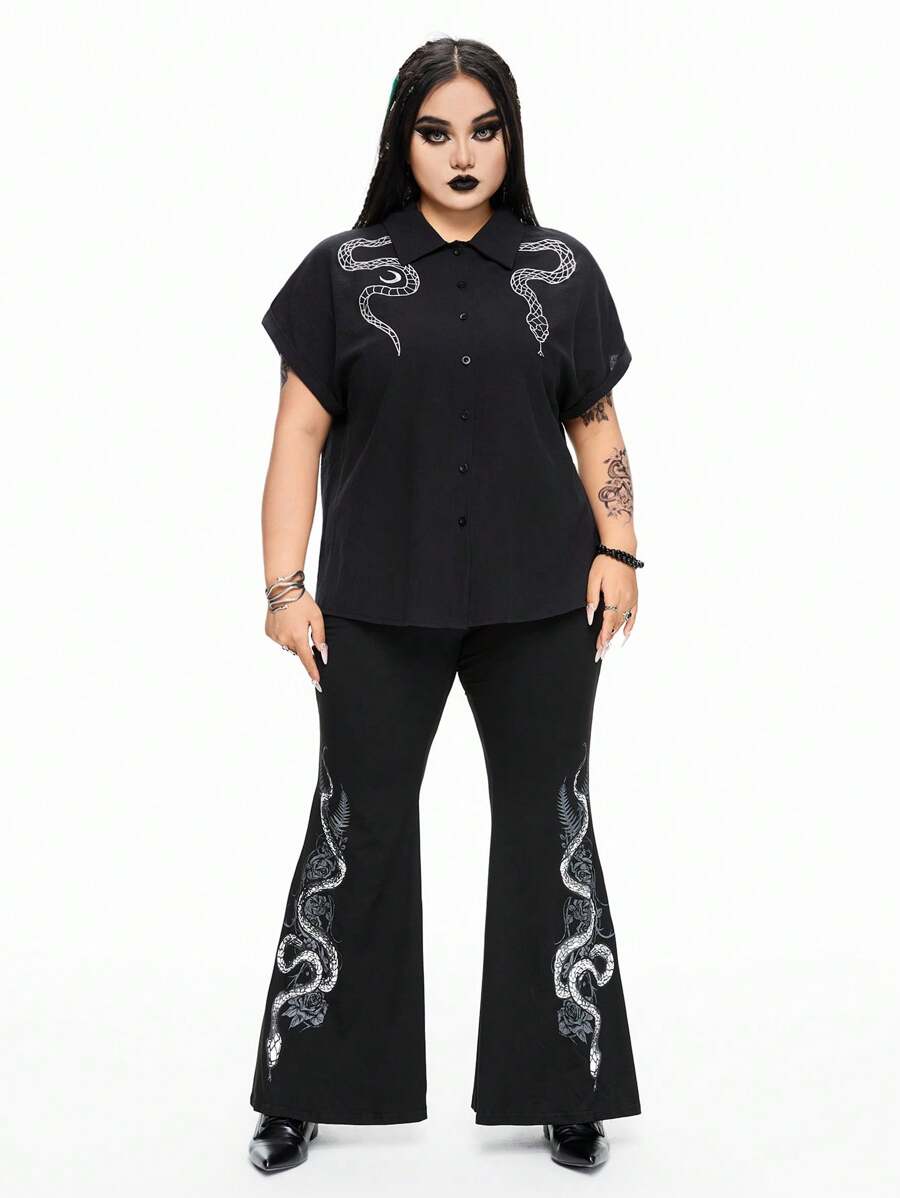 ROMWE Goth Casual Plus Size Goth Style Blouse With Snake And Moon ...