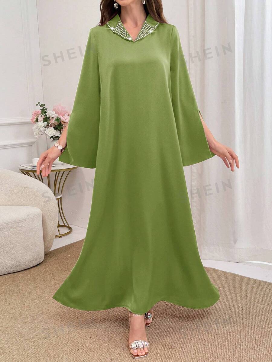 SHEIN Najma Women's Solid Color Simple Everyday Arabian Dress, Slit And ...