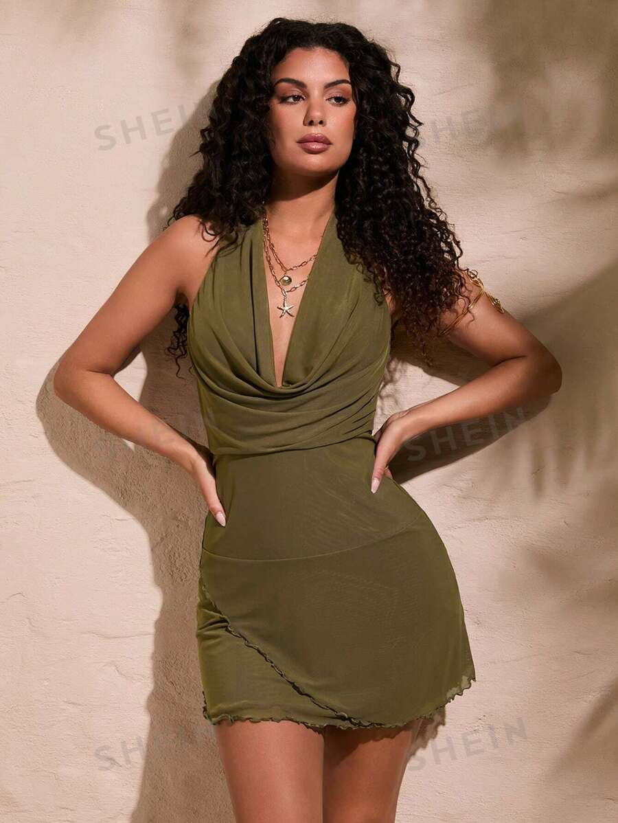 SHEIN VCAY Solid Color Knitted Mesh See-Through Sexy Dress, Draped Neck With Halter Strap, Open ...