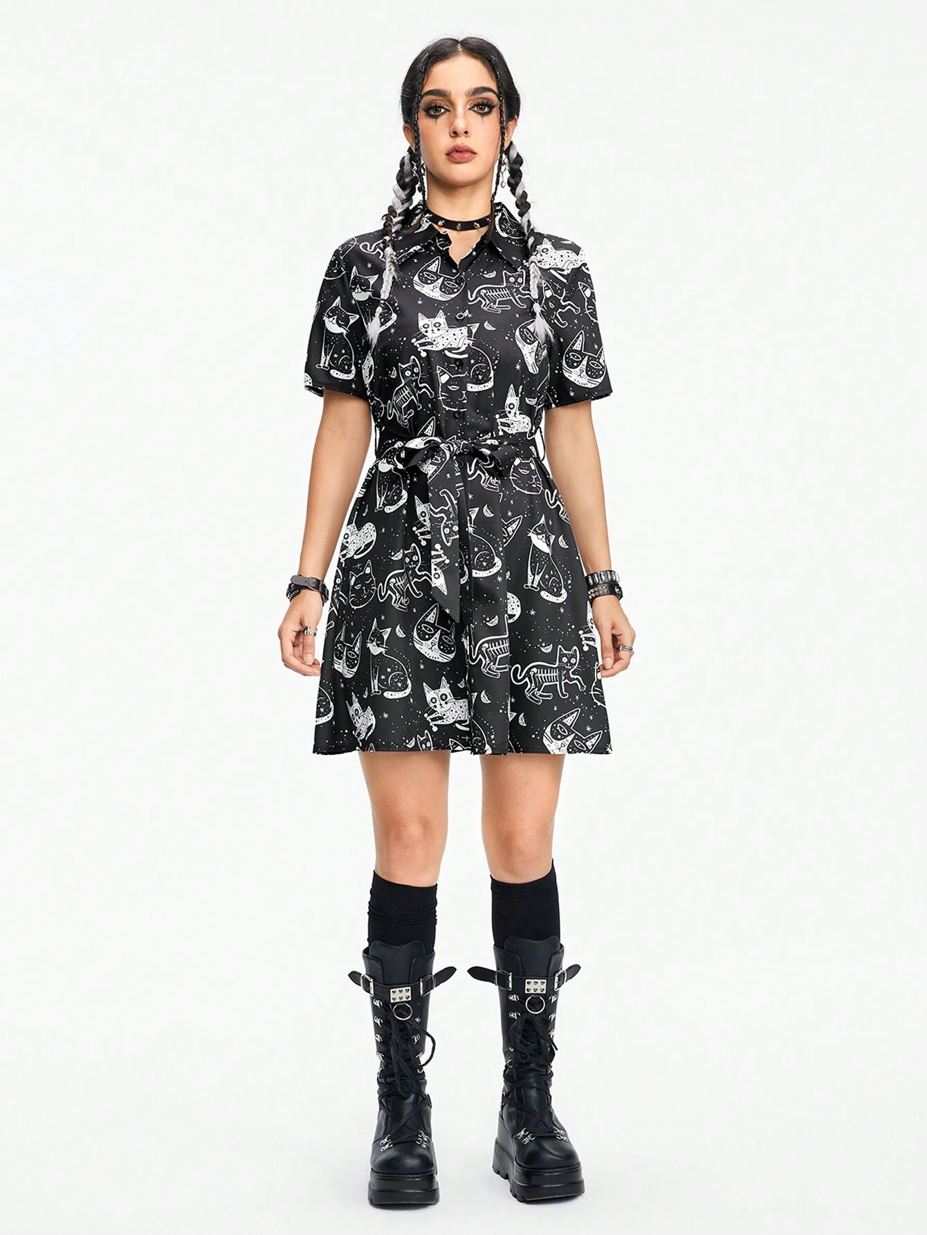 ROMWE Goth Sun, Moon, Stars & Cat Print Women's Shirt Dress | SHEIN USA