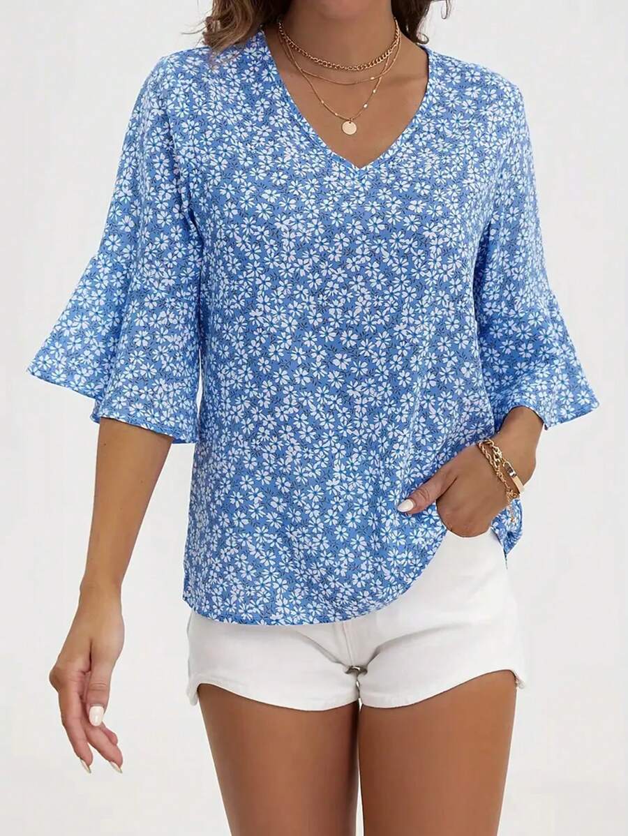INAWLY Women's Vacation Leisure Ditsy Floral Print Flare Sleeve Shirt ...