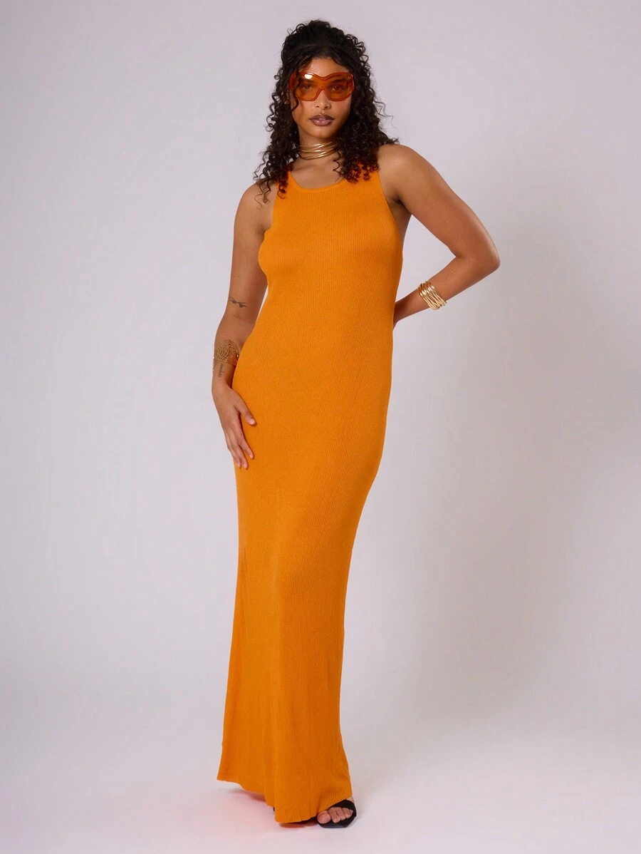 MUSERA Plus Size Orange Ribbed Knit Maxi Dress Outfit For Holiday ...