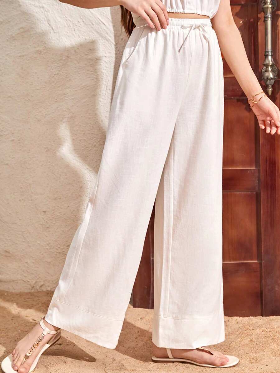 SHEIN Teen Girl White Semi-Sheer Woven Linen Wide Leg Beach Holiday Sun ...