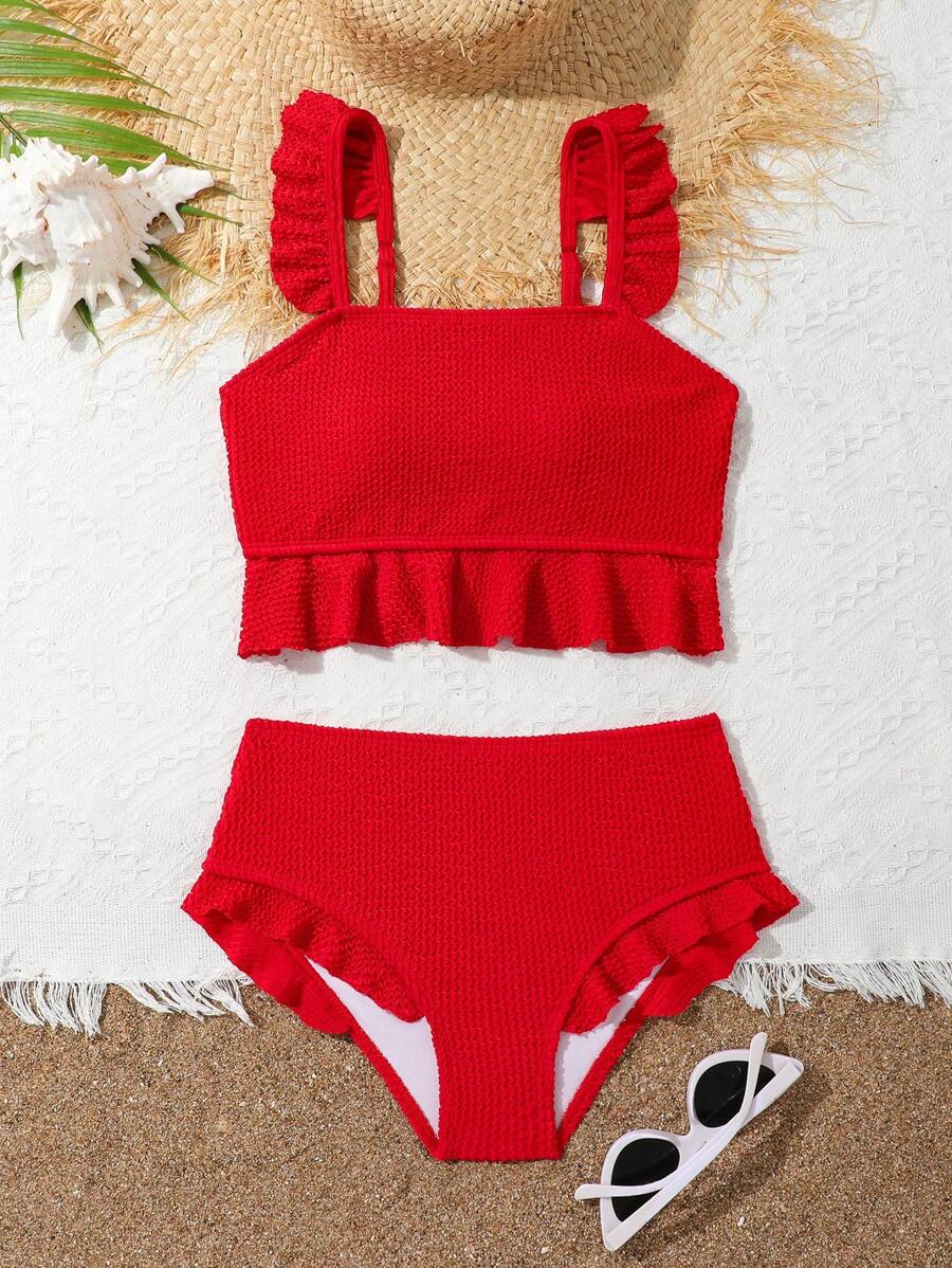 Tween Girls' Solid Color Red Strap Tankini Set With Ruffle-Trimmed ...