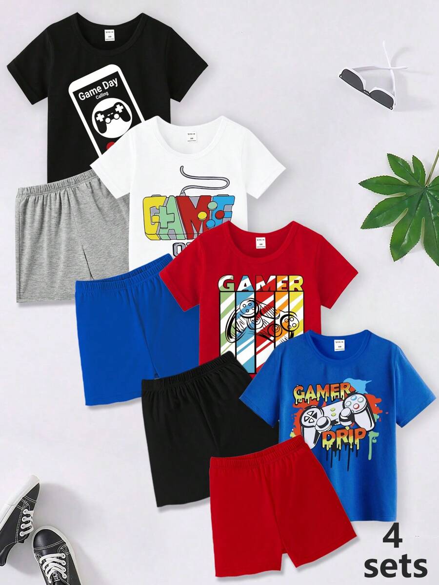 SHEIN 4pcs/Set Young Boy Cartoon Game Console Design Short Sleeve T ...