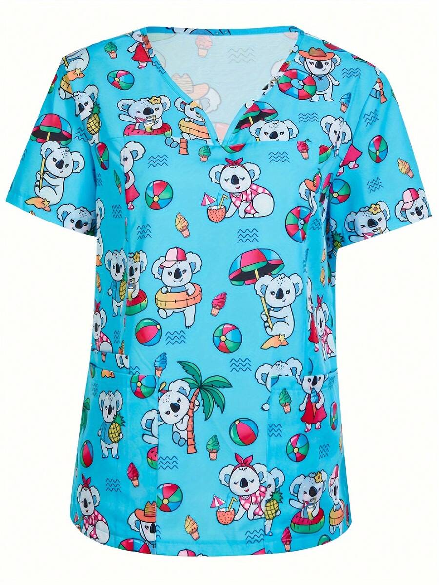 Women's Digital Printed Stretchy Athletic Nurse Uniform, Scrub Top With ...