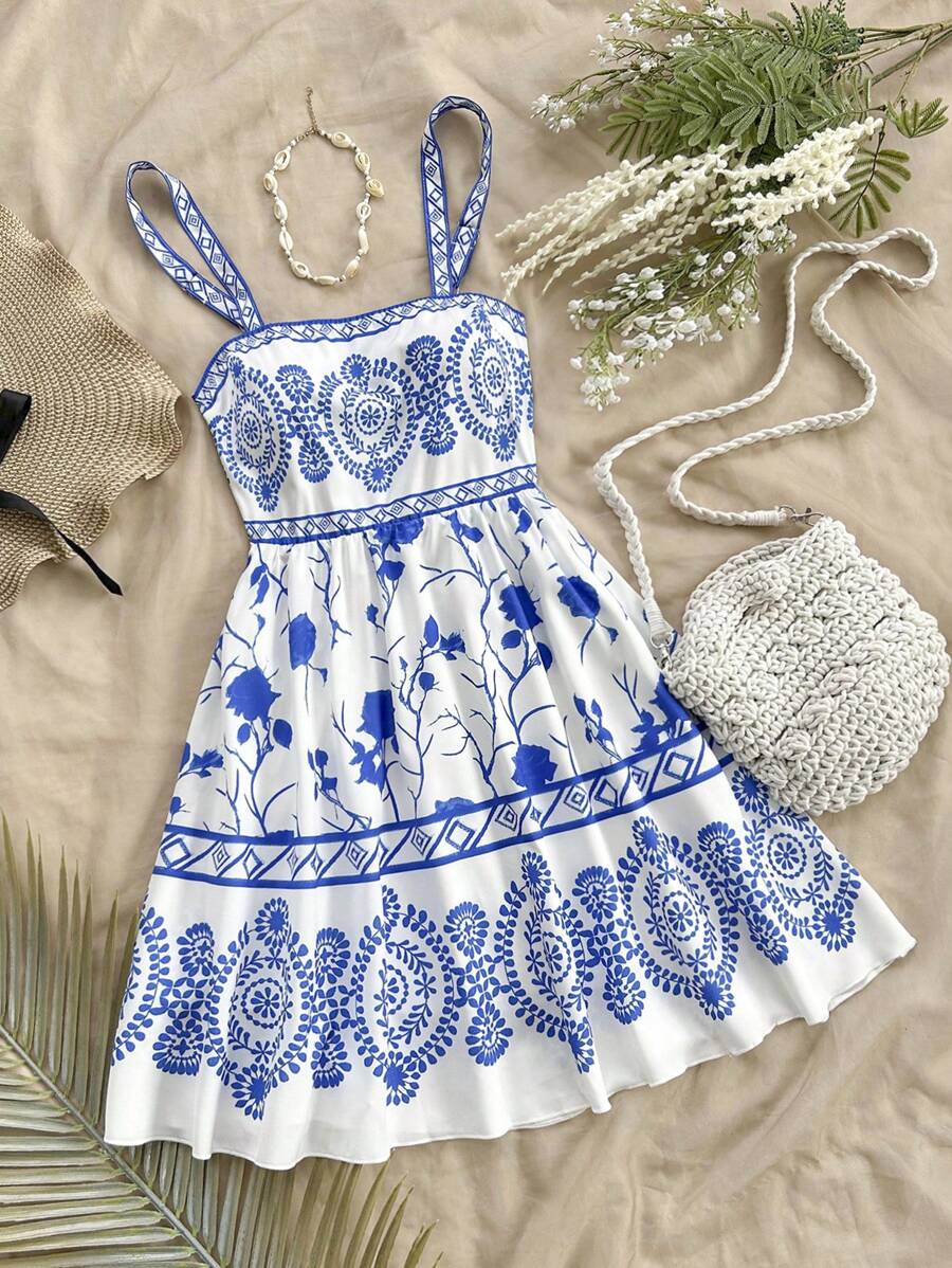 Soleia Blue And White Positioning Retro Floral Romantic Casual Vacation ...