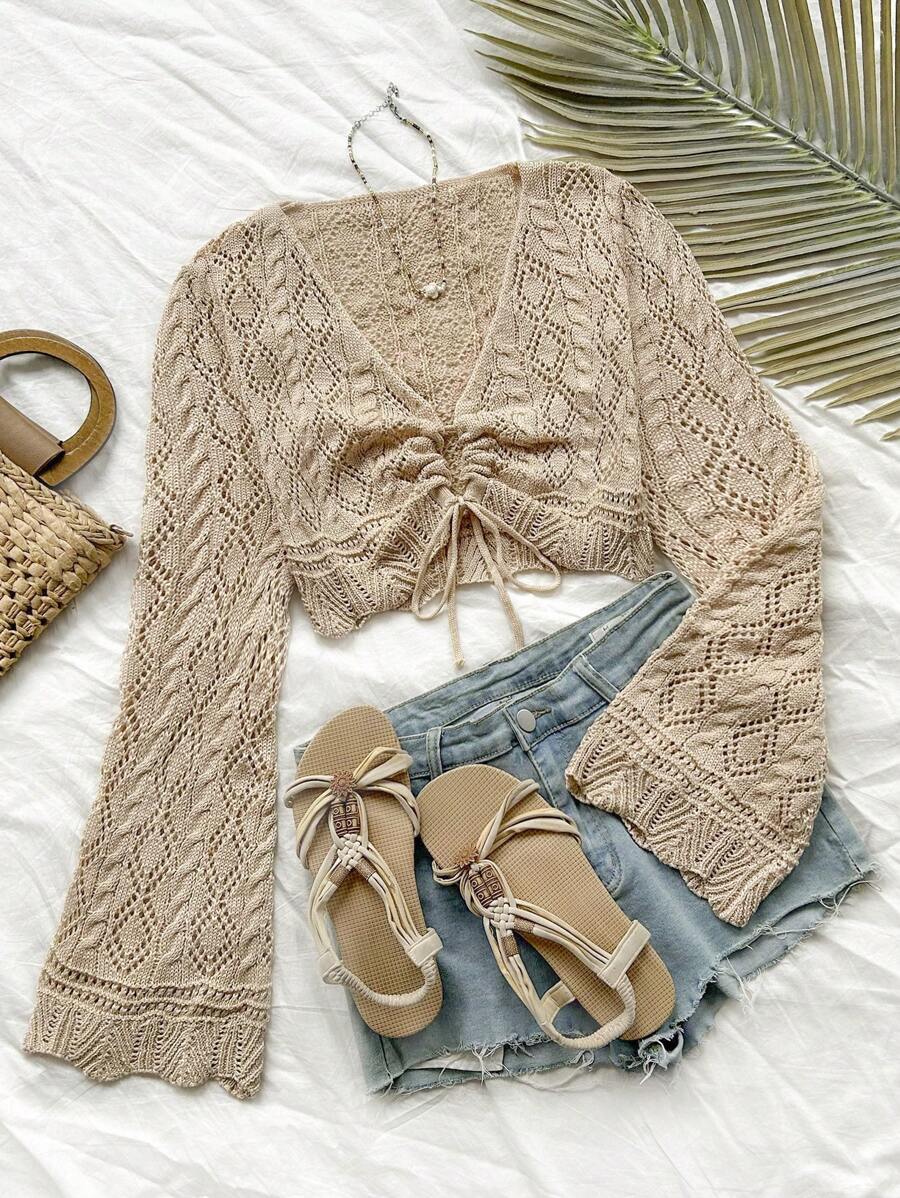 Soleia Women's Short Hollow Out Drawstring V-Neck Long Sleeve Sweater ...