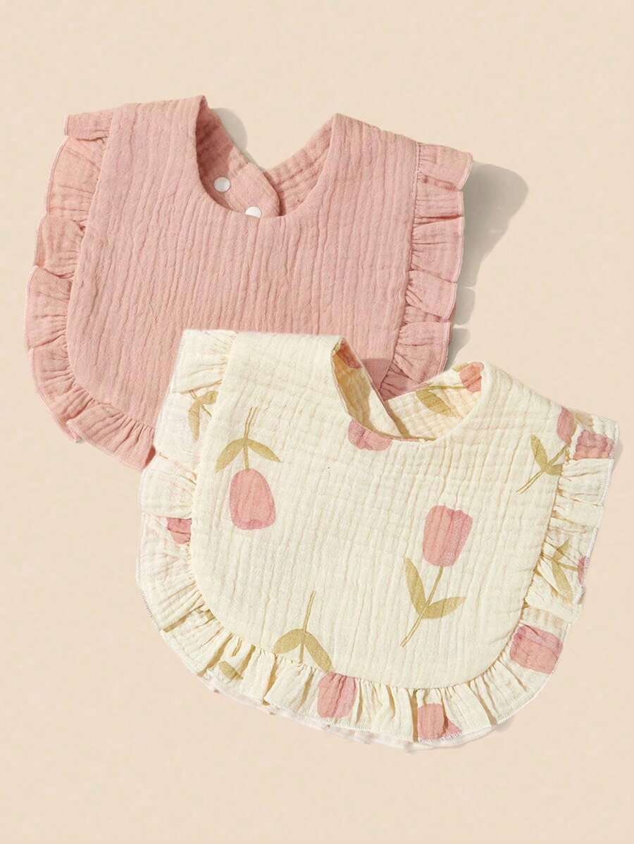 2pcs Infant Bibs With Ruffle Trim Decor, Lace Edging Pure Cotton Soft ...
