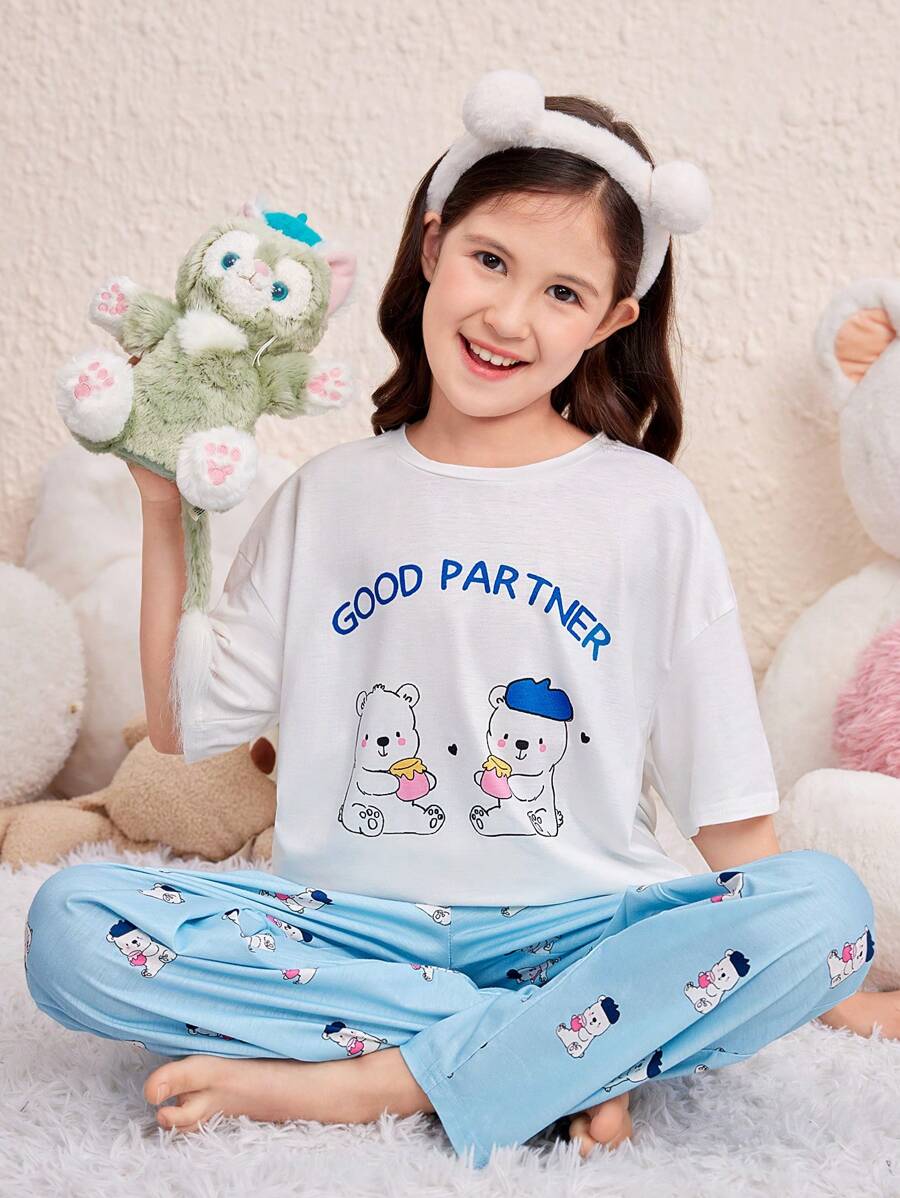 SHEIN Tween Girls' Cute Letter & Bear Print Drop-Shoulder Short Sleeve ...