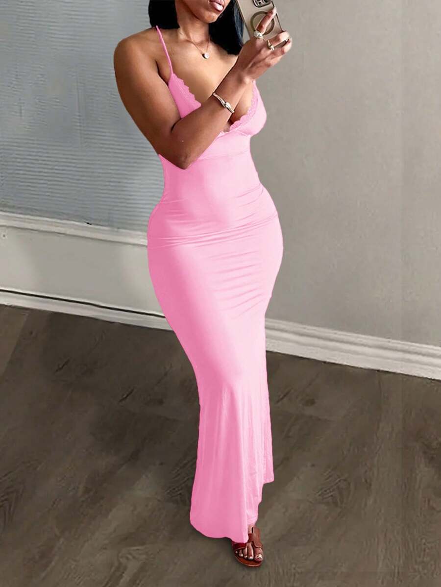 Slaydiva Sexy & Elegant Spaghetti Strap Slim Fit Long Red Lace Dress ...