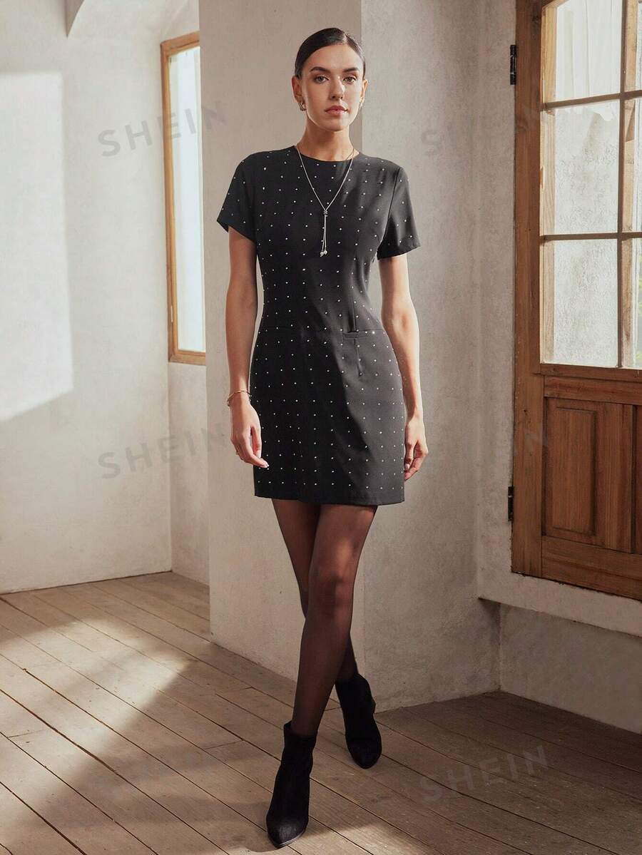 MOTF Classy RHINESTONE DETAIL SLIM FIT DRESS | SHEIN UK