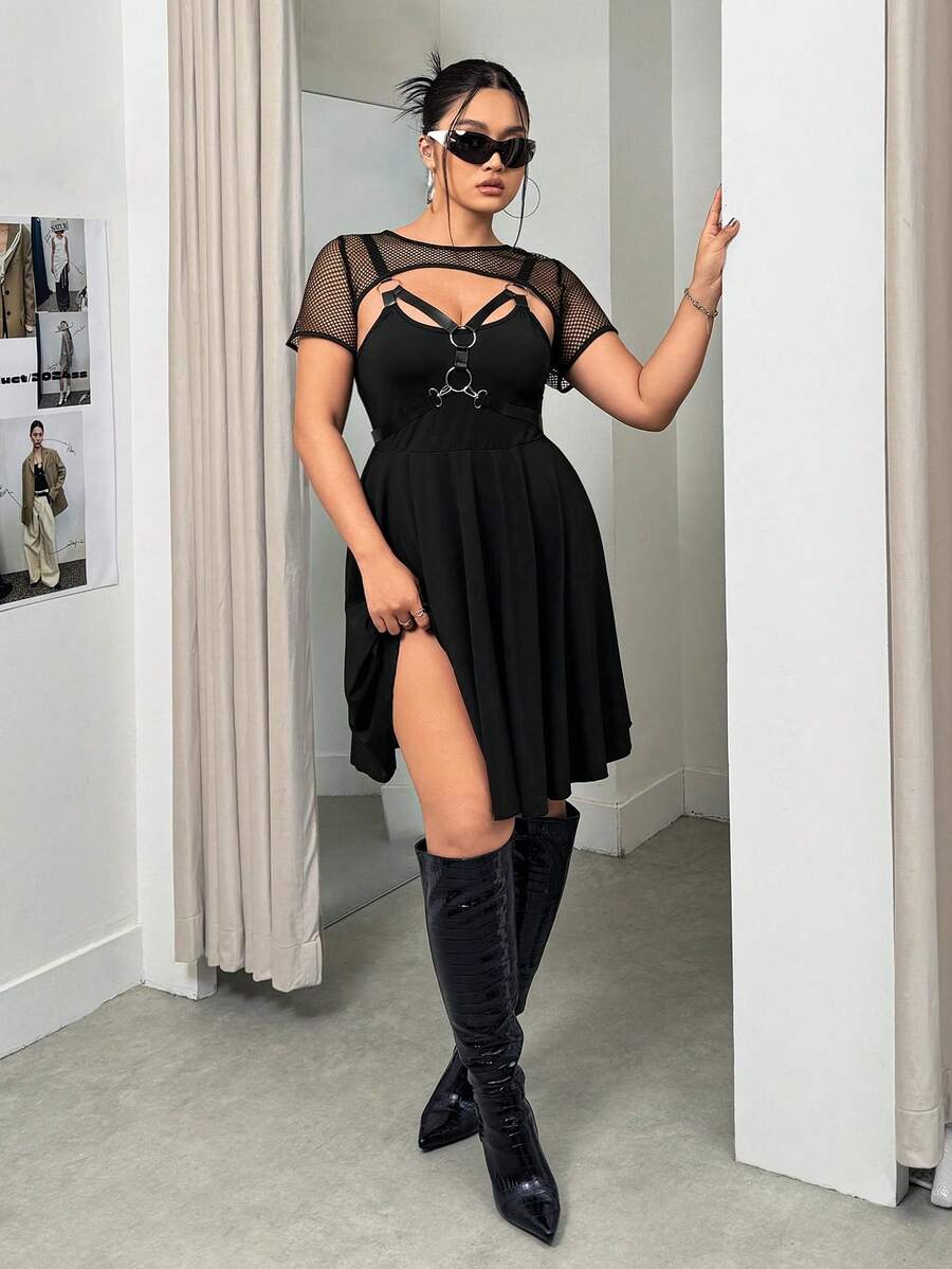SHEIN ICON Plus Size Mesh Splice Vest Dress With Metal Ring Decoration ...