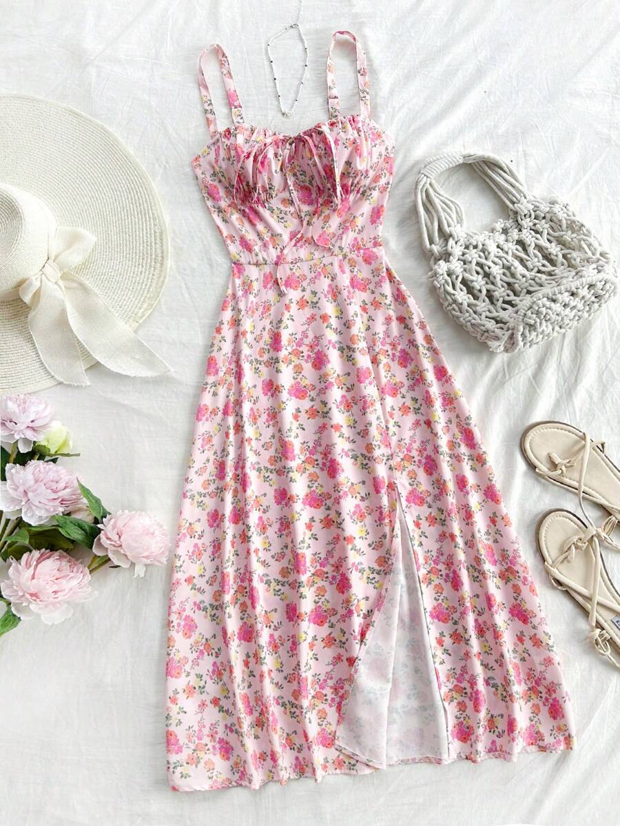 Soleia Women's Floral Print Vacation Spaghetti Strap Dress With Empire ...