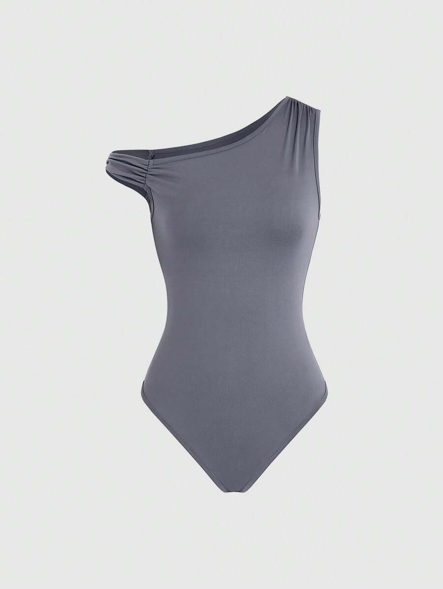 Sweetra Women's Solid Color Open Shoulder Bodycon Bodysuit With Pleats ...