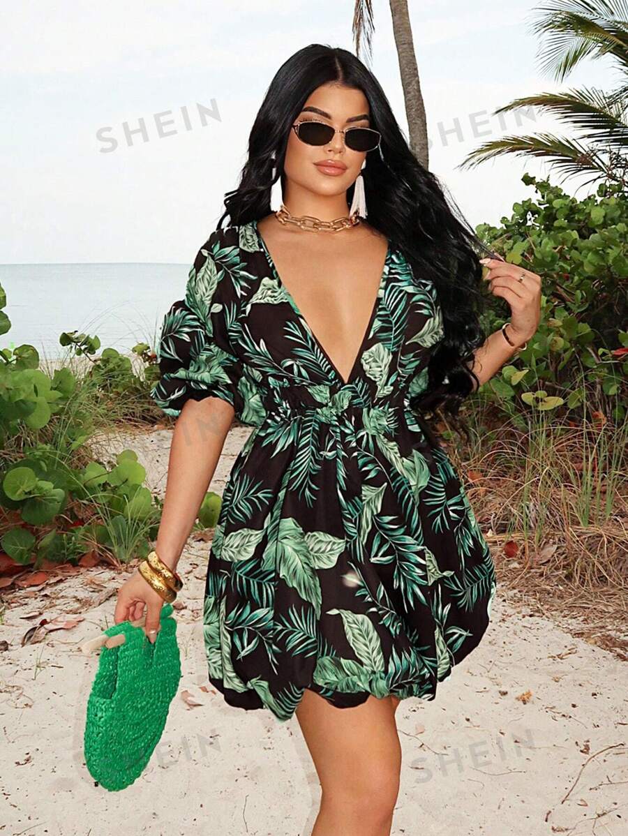 SHEIN SXY Women's Deep V-Neck Bubble Hem Printed Holiday Hawaiian Summer Dress | SHEIN USA
