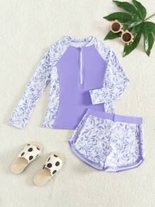 Tween Girl Plant Print Zipper Front Tankini Summer Beach | SHEIN USA