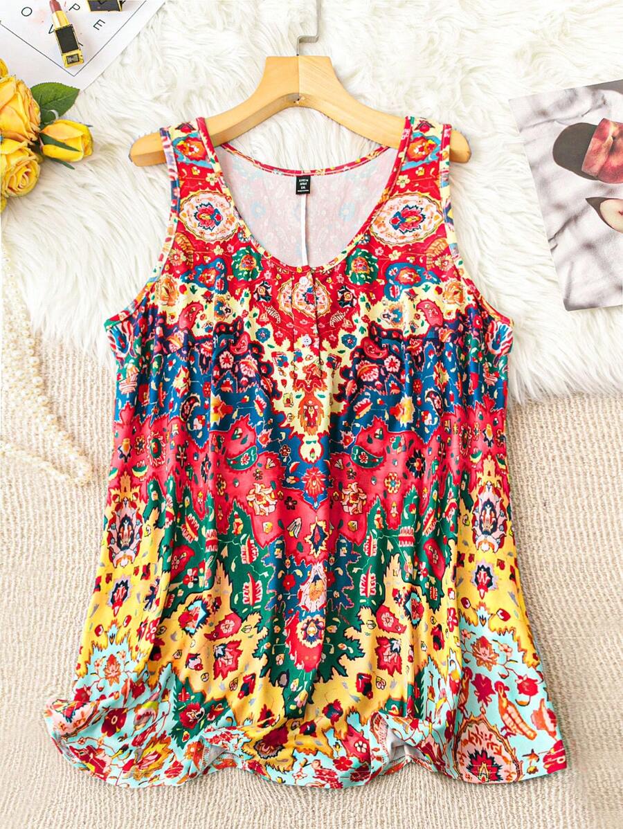 SHEIN LUNE Plus Size Sleeveless Round Neck Printed Tank Top For Summer Casual Outings Graphic ...