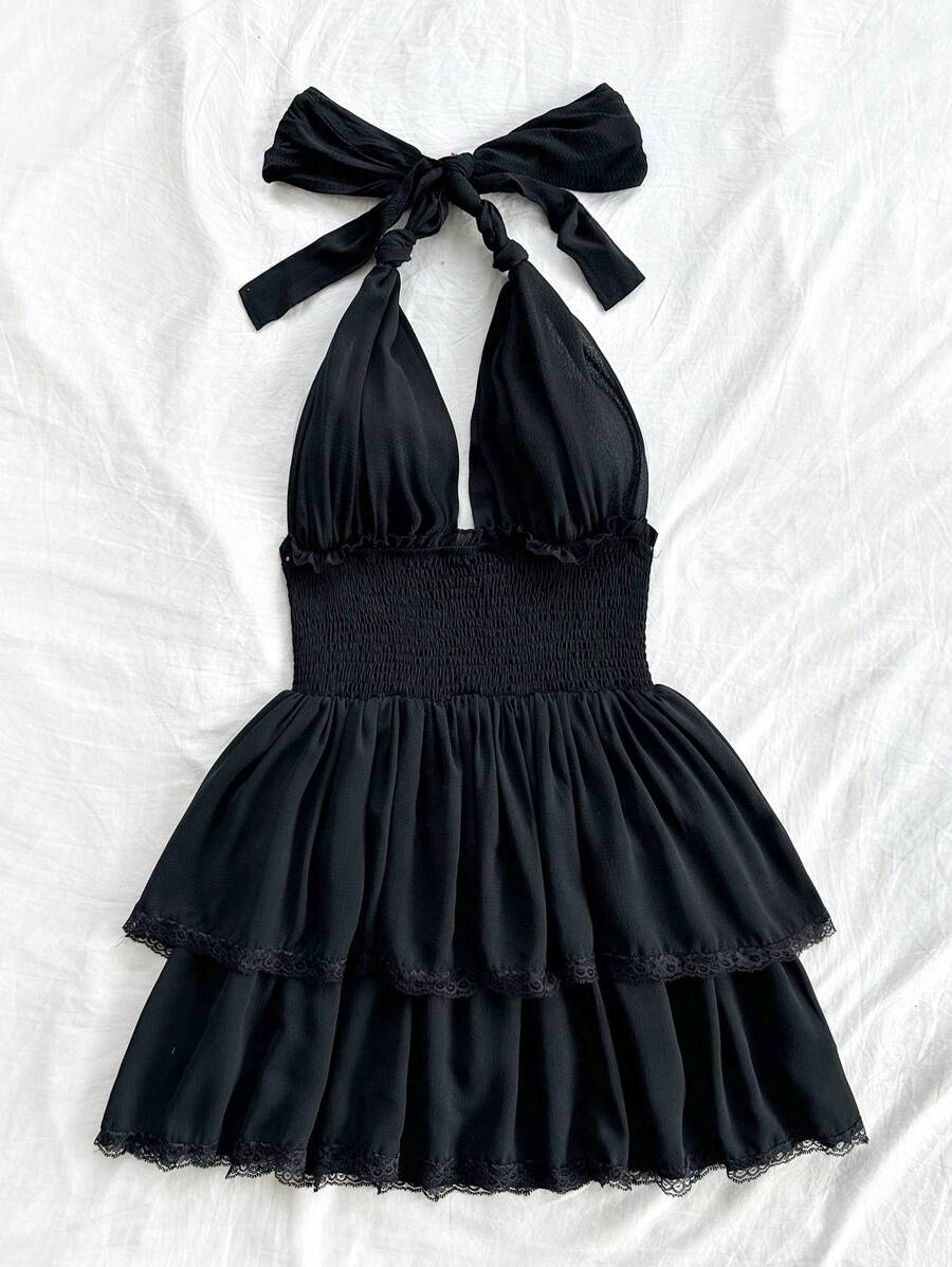 Soleia Summer Halter Neck Backless Multi-Layered Dress With Tie Waist ...